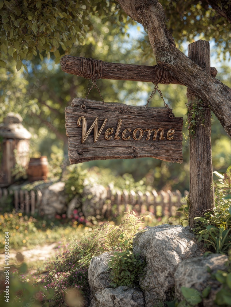 Welcome sign hanging from a tree in a garden Stock Photo | Adobe Stock