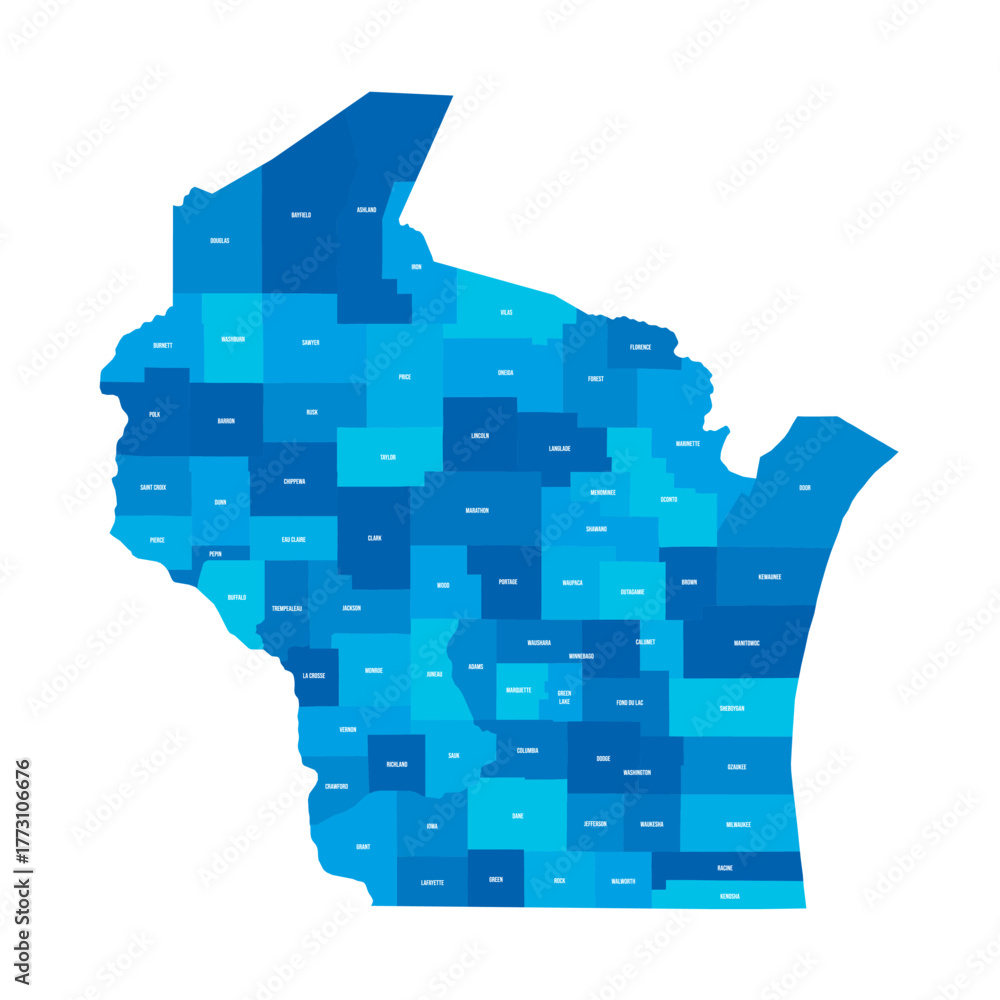 Wisconsin, WI - detailed political map of US state. Administrative map ...
