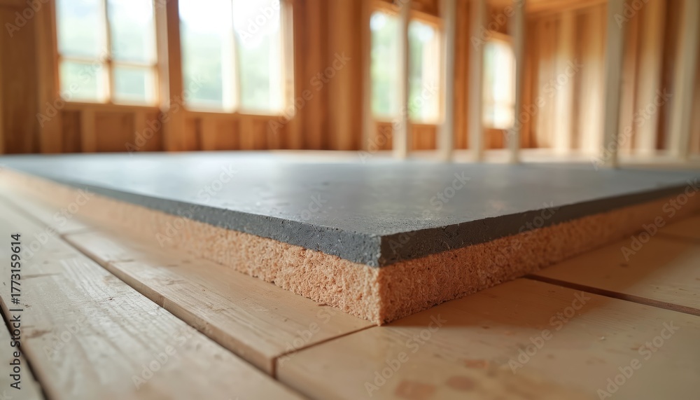 Construction site shows new floor layer with insulation panel. Wood ...