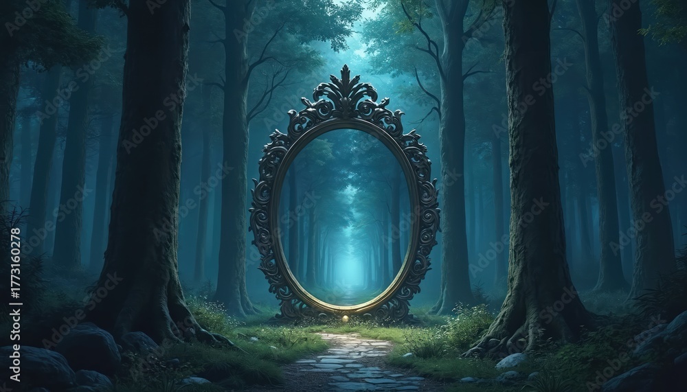 Illustration of magical mirror portal in a mystical forest. The frame ...