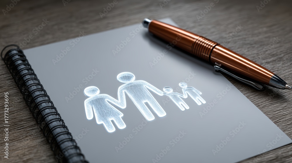 Pen and family drawing image displays pen alongside sketch of family ...