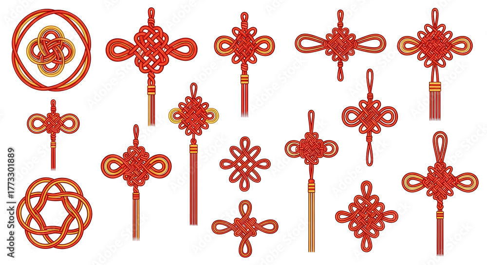 Chinese knots set traditional red and gold oriental symbols for good ...