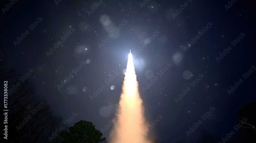 thrust. Rocket launching at night, with a dramatic plume against a ...