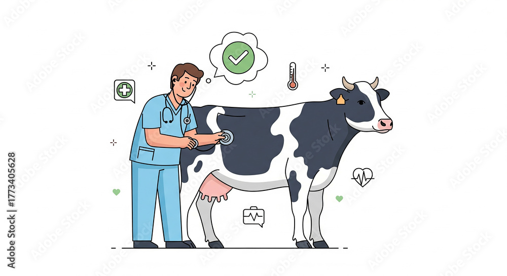 Caring vet checks a cow with stethoscope, ensuring health in a farm ...