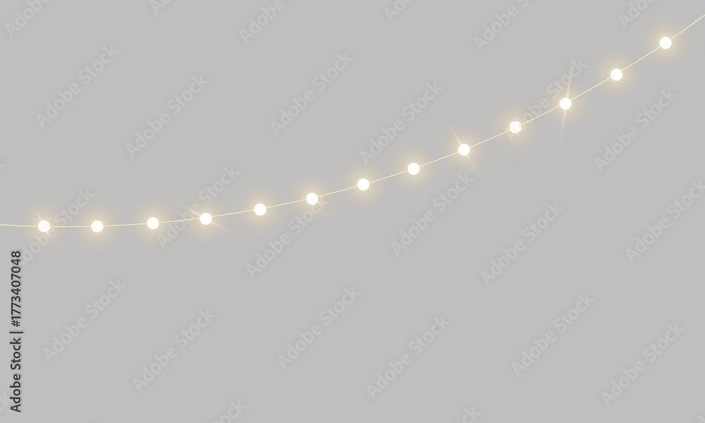 Realistic warm glowing string lights or christmas fairy light overlay ...