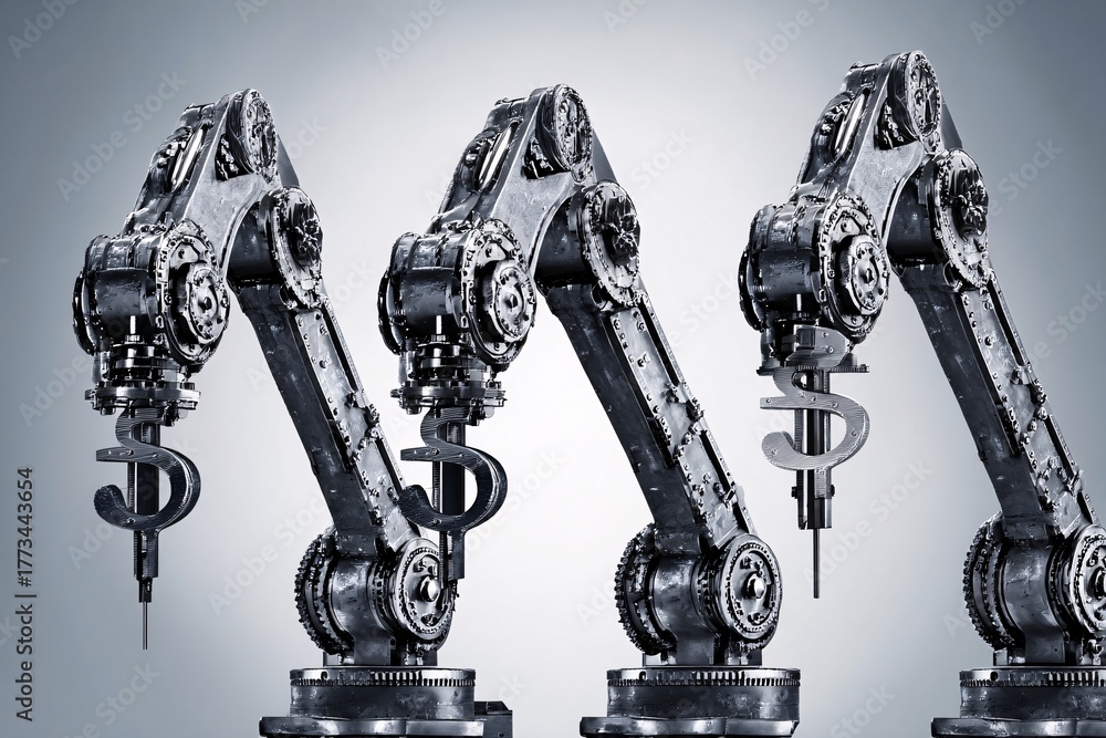 Currency symbols being built by robotic arms, clean bright space, Stock ...