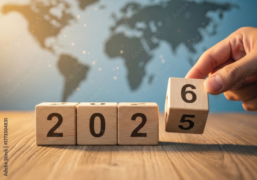 Changing the year from 2025 to 2026 with wooden blocks and a world map ...