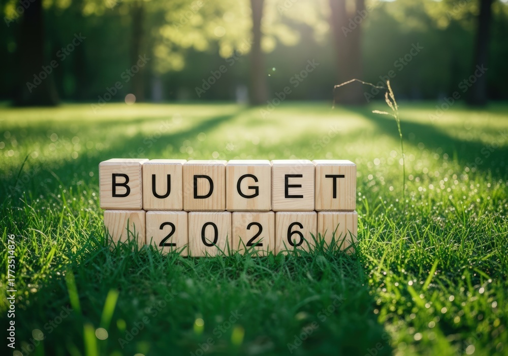 Budget 2026 concept with wooden blocks on green grass in a sunny park ...