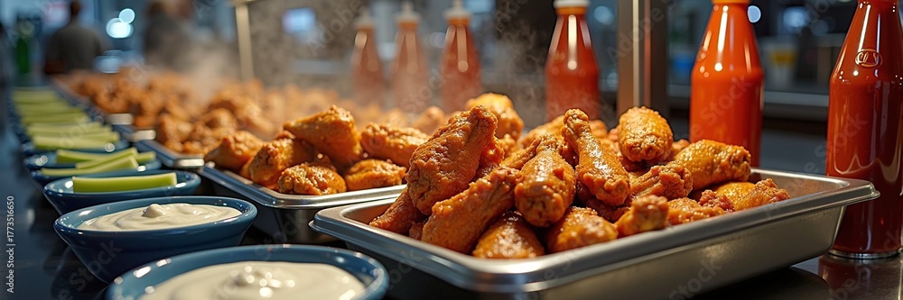 Buffet serving spicy chicken wings with dipping sauces and vegetables ...