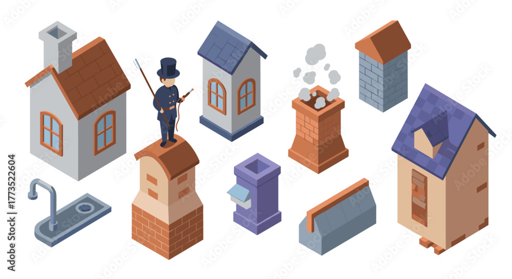 Isometric cartoon chimney sweep and cozy house collection with detailed ...
