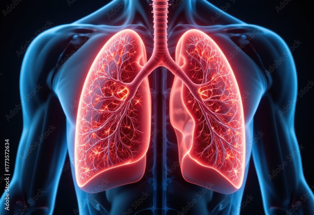 Diagrama de los pulmones humanos, con alvéolos y bronquios resaltados ...