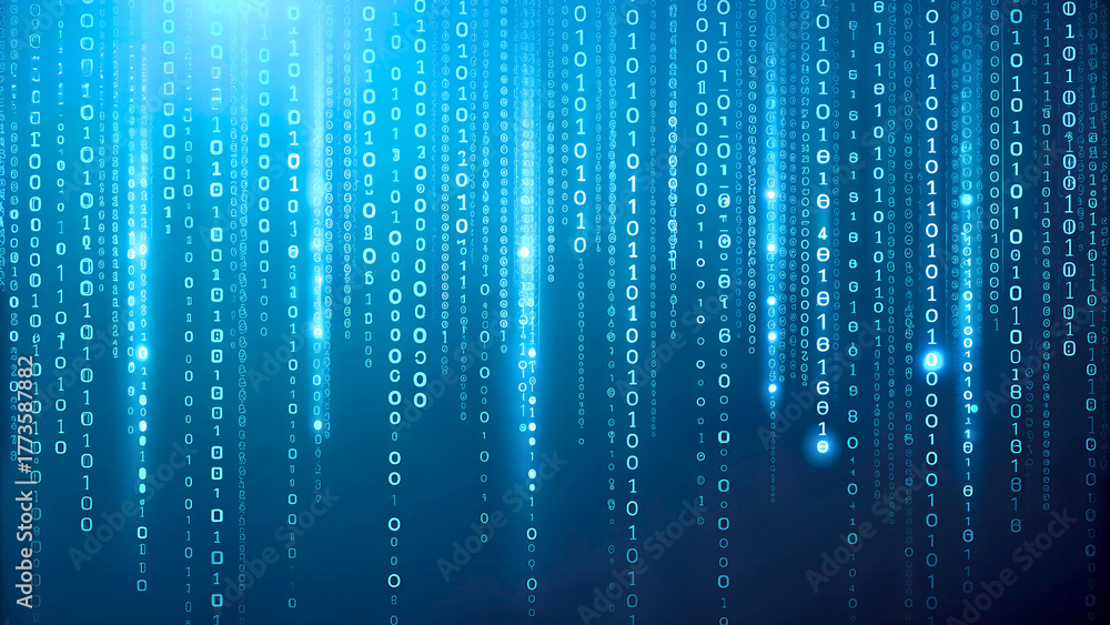 Binary numbers fall like digital rain on a blue background. Futuristic cyber stream, abstract ...