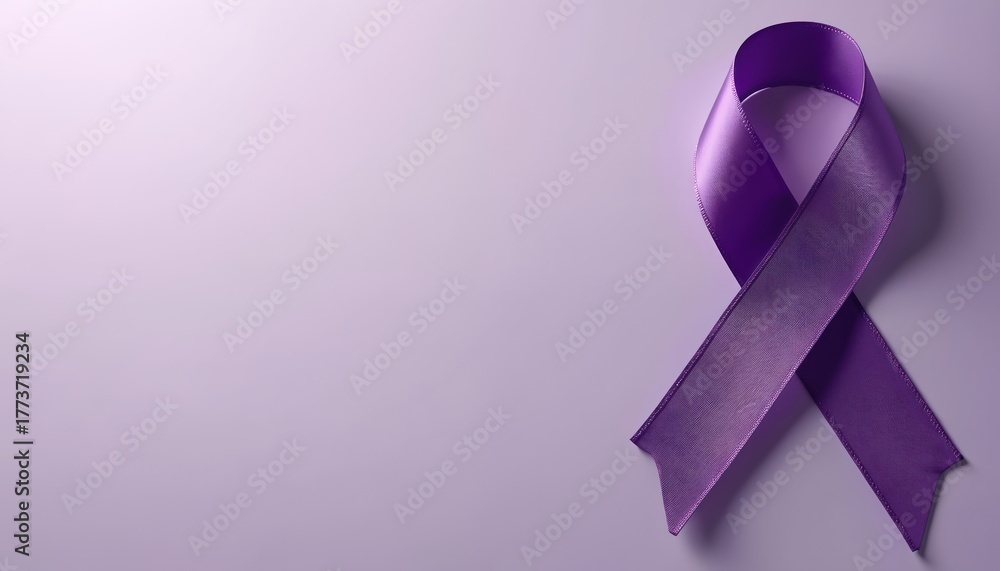 Purple awareness ribbon on plain background. Symbolizes support for ...