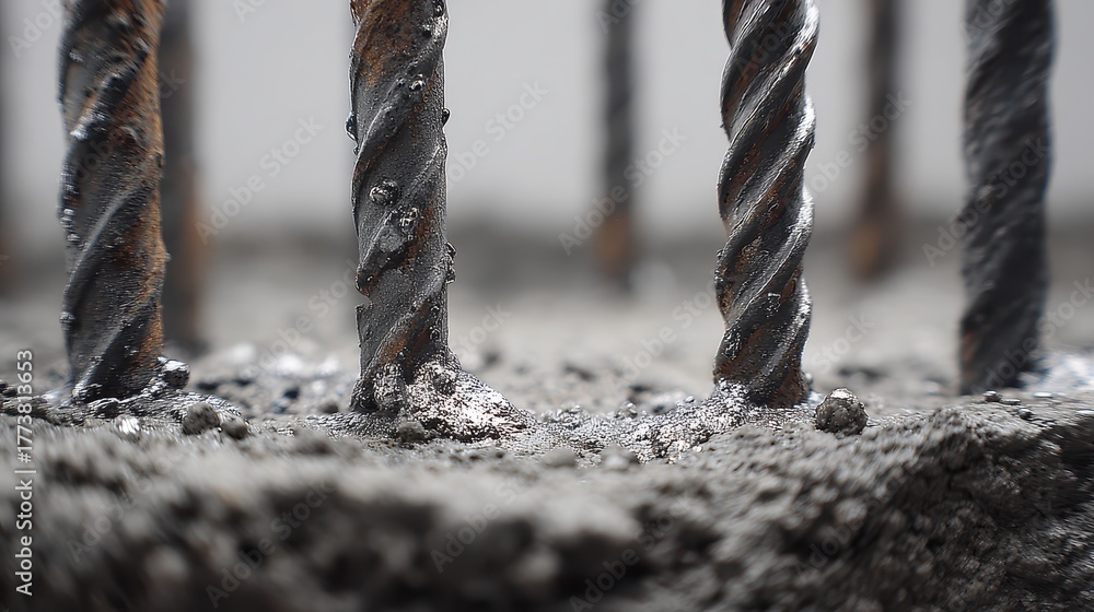 Macro shot of twisted rebar in wet concrete mix. Represents ...