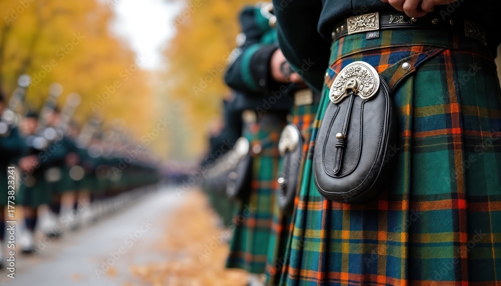 Foto de Stock Scottish kilt parade with bagpipers in background. Tartan ...