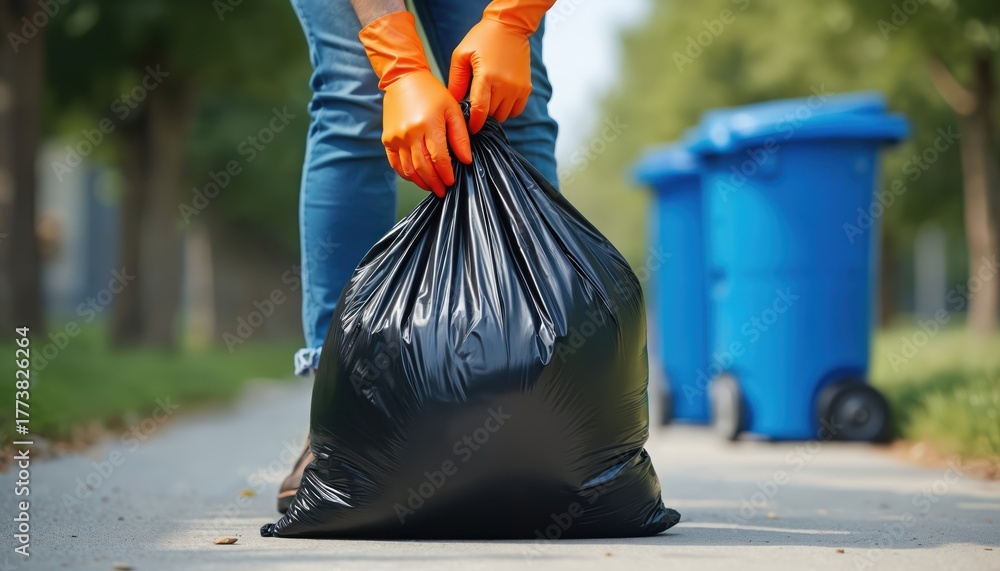 Photo Stock Person in orange gloves carries full black garbage bag ...