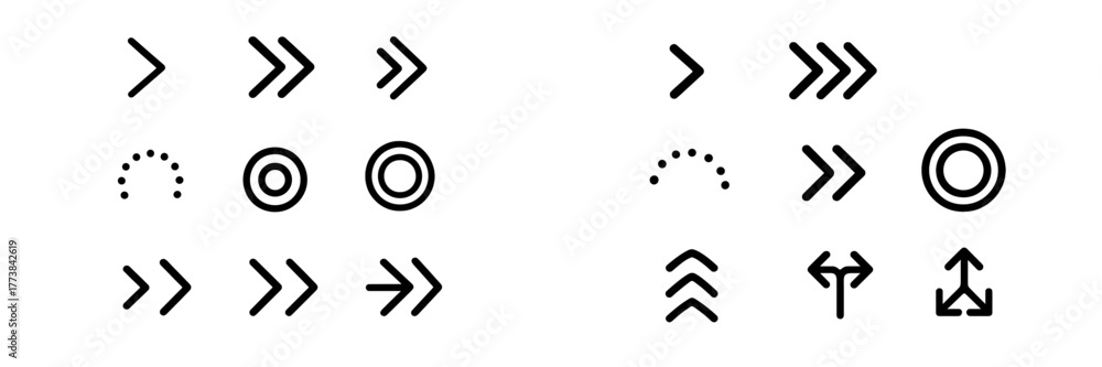 Different black arrow and circular symbols arranged in a geometric ...