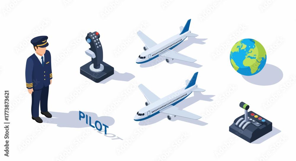 Isometric aviation and piloting set featuring pilot, commercial ...