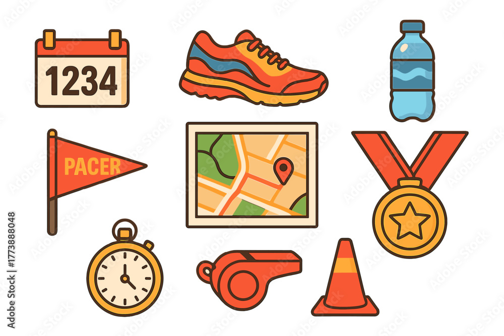 Collection of essential gear icons for marathon and running races ...