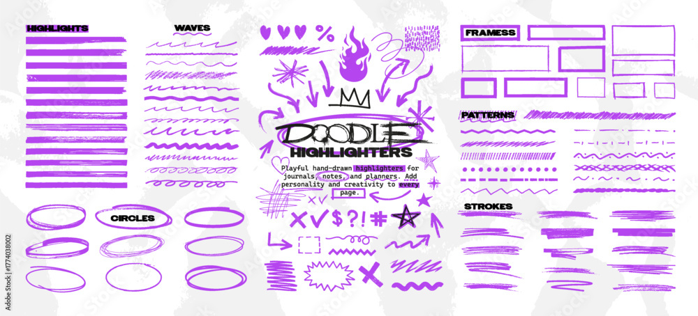 Vetor Doodle Highlighters and Scribble Elements Set. Playful hand-drawn ...