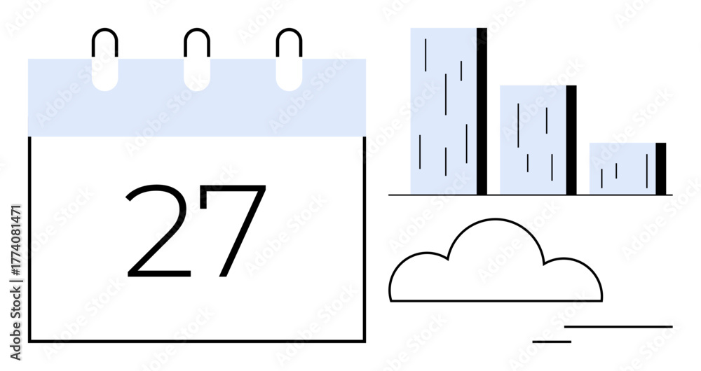 Calendar displaying date 27 alongside bar graph and cloud element ...