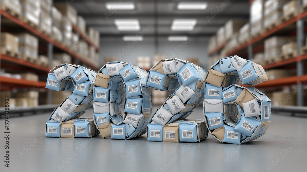 Year 2026 constructed from many brown and blue shipping parcels with ...
