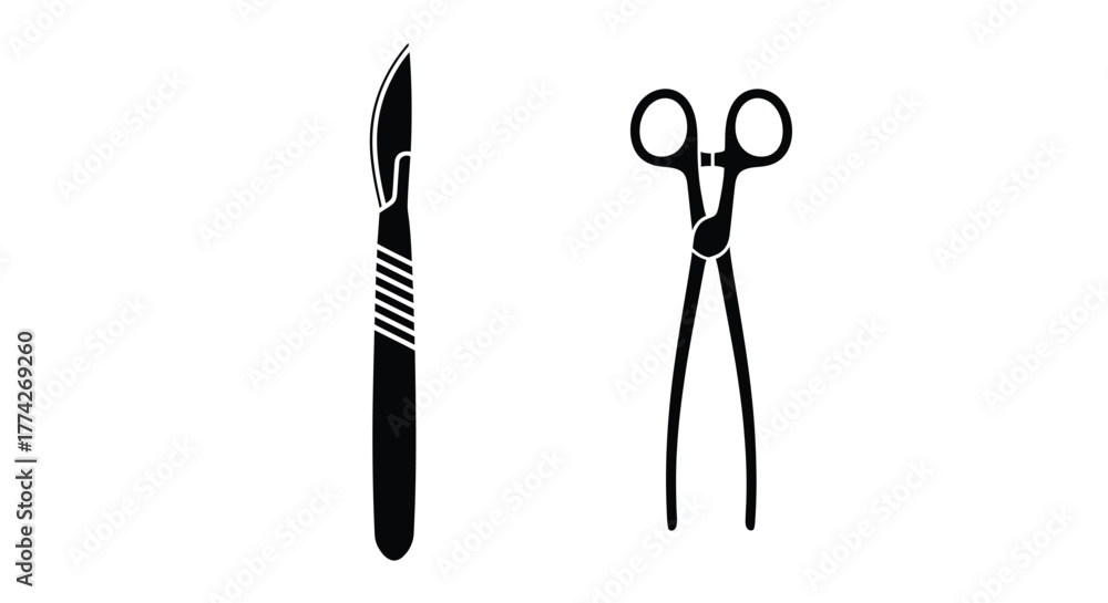 Surgical instruments including scalpel and forceps depicted in a simple ...