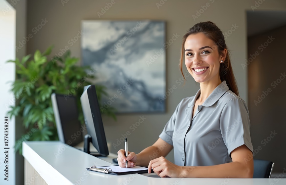 Young pro woman works at modern reception desk in clinic office. Smiles ...