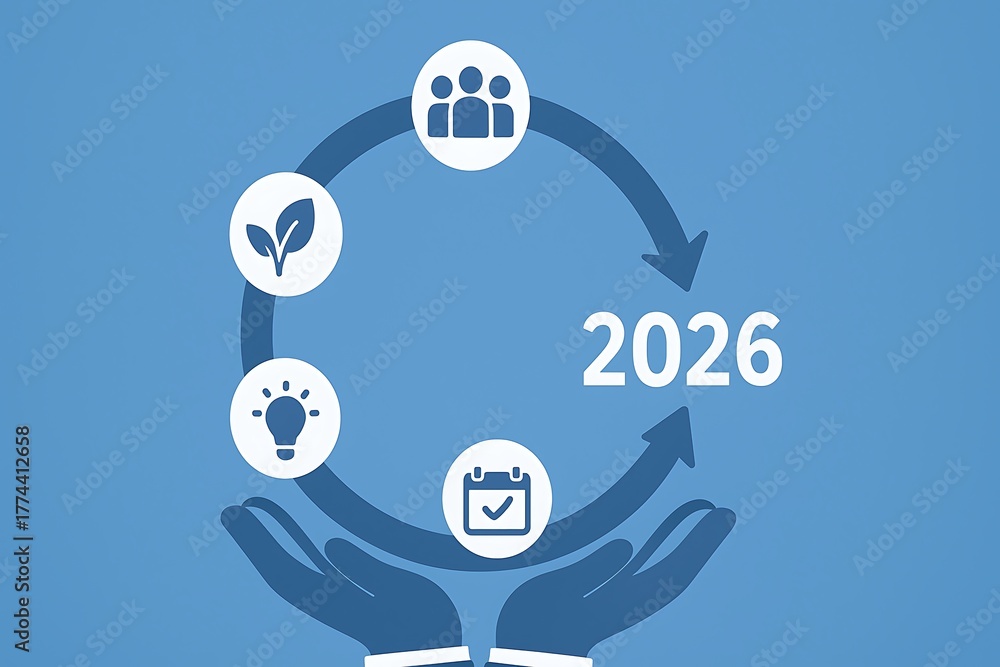 Business expansion in 2026. holding a circular timeline with symbols ...