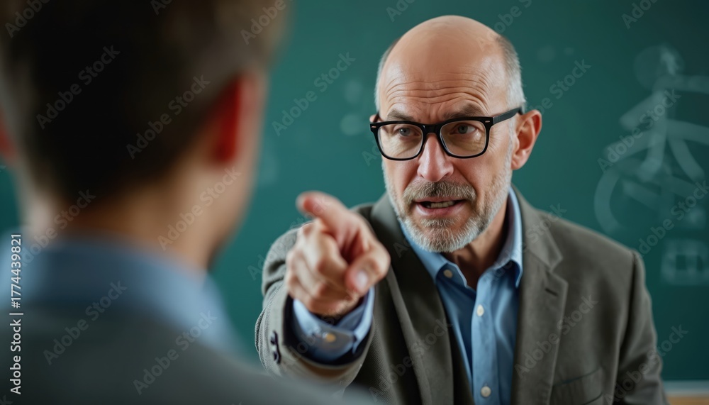 Foto de Stock Stern male teacher scolds student pointing finger in ...