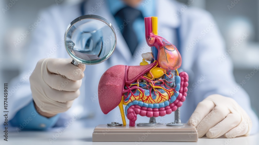 Physician with human pancreatitis model featuring pancreas gallbladder ...