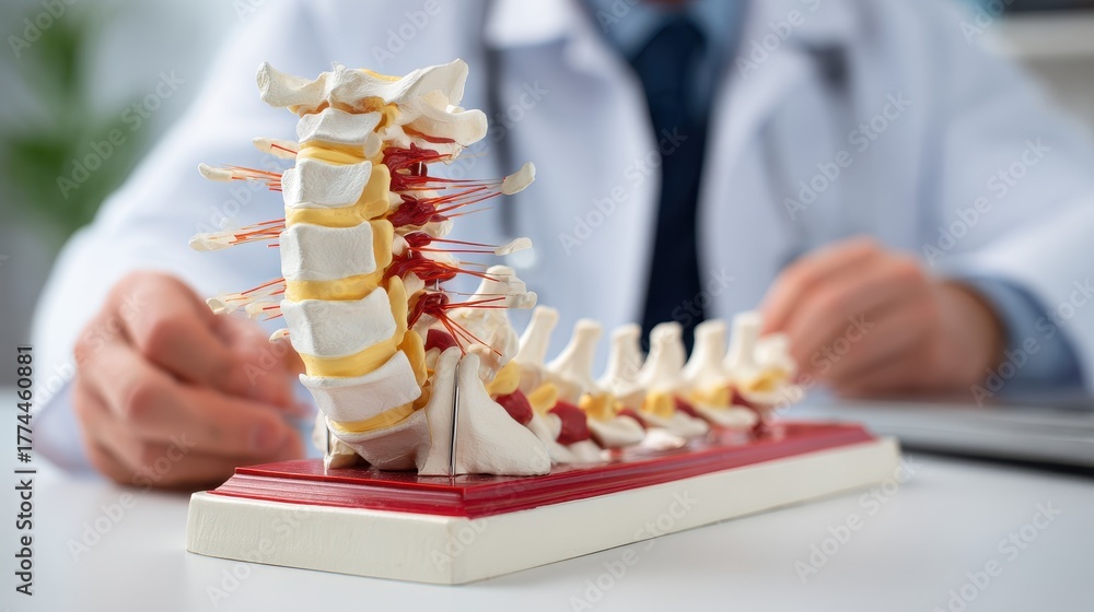 Physician with spine anatomy display addressing spinal disorders back ...