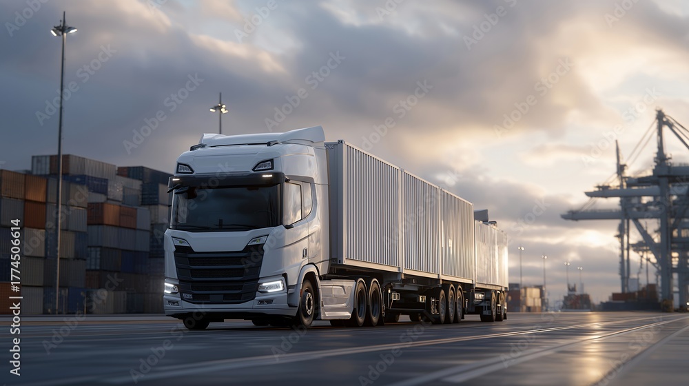 High-tech logistics hub with AI directing autonomous trucks through ...