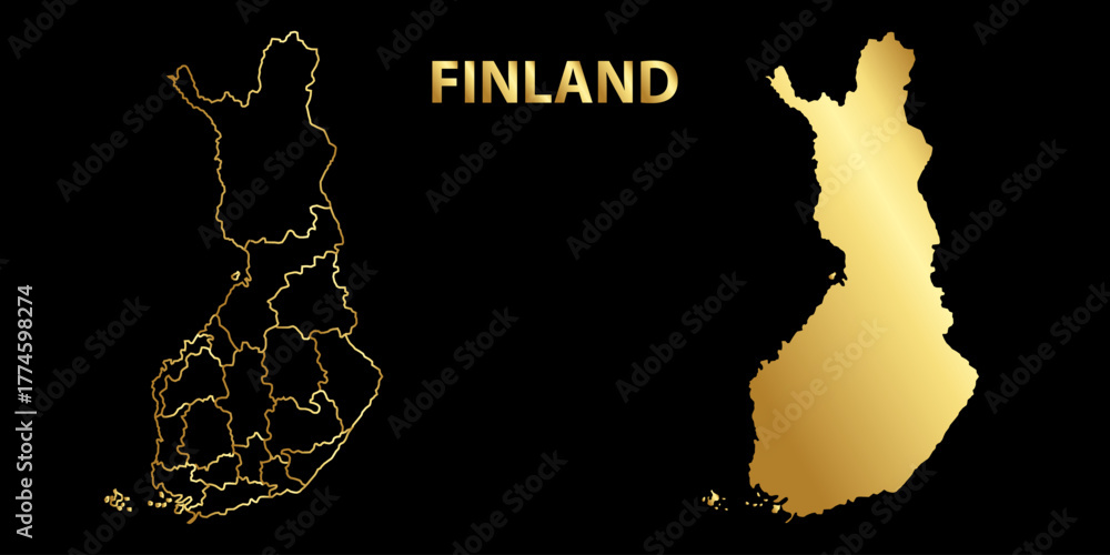 Finland country golden vector map in black background.Golden line map ...