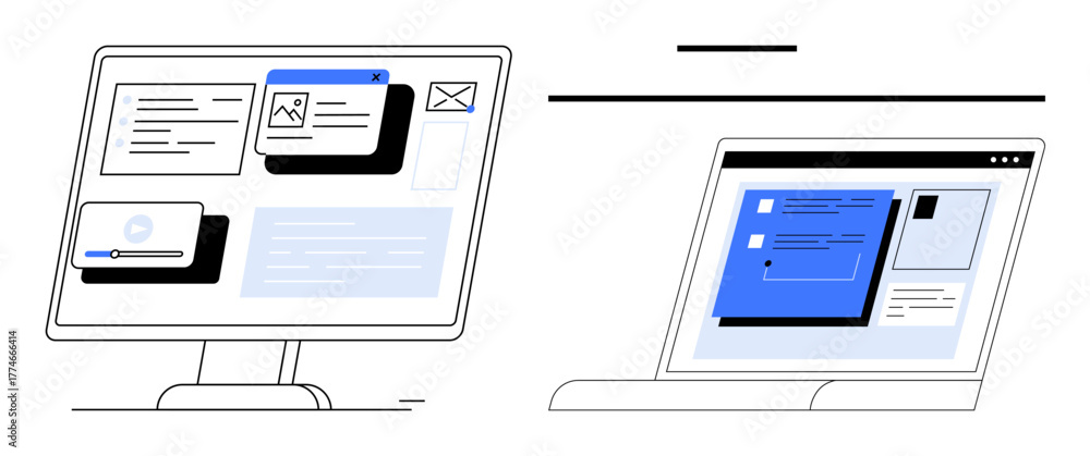 Image vectorielle Stock Computer monitor and laptop display with open interactive user interface ...