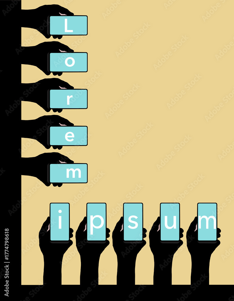 Ten hands hold ten cell phones and lettering can be seen on the screen ...