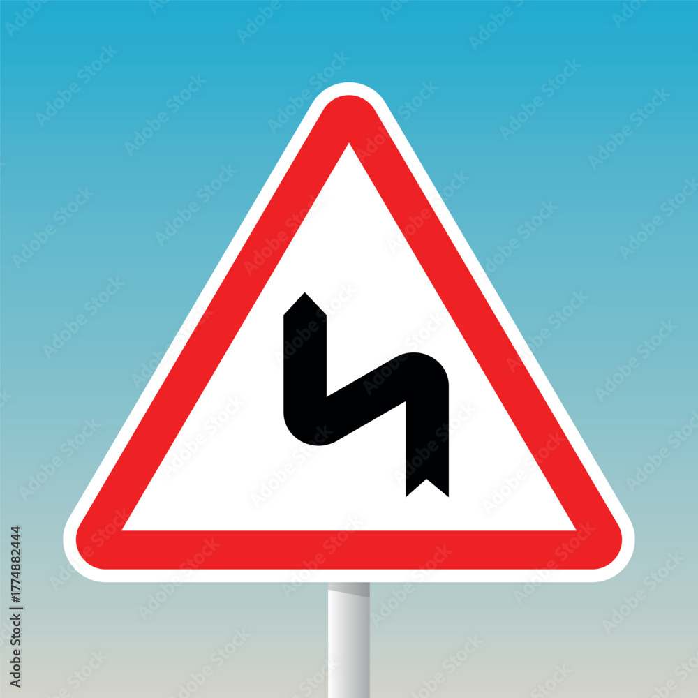 Image vectorielle Stock Double bend road warning sign (right then left ...