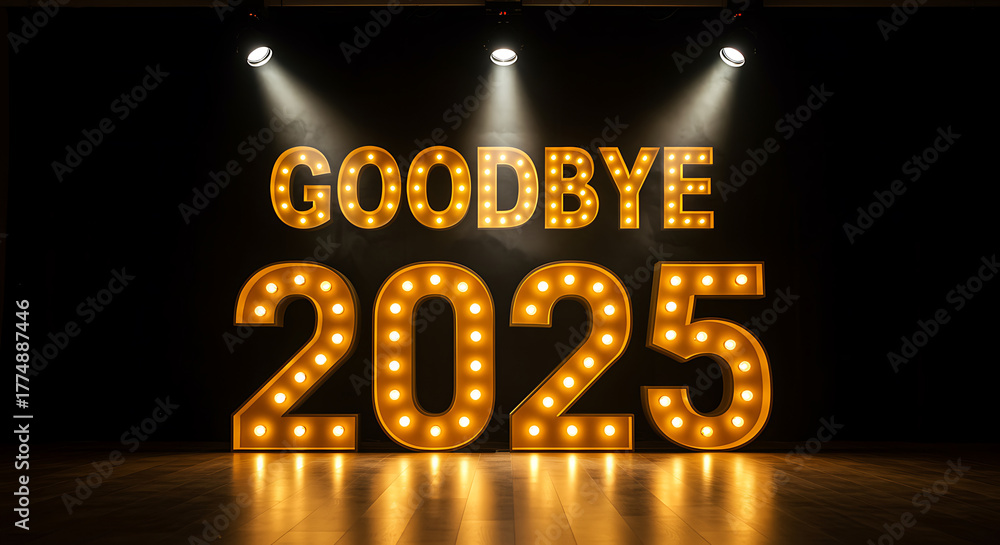 Goodbye 2025 marquee light bulb letters on stage with spotlights Stock ...