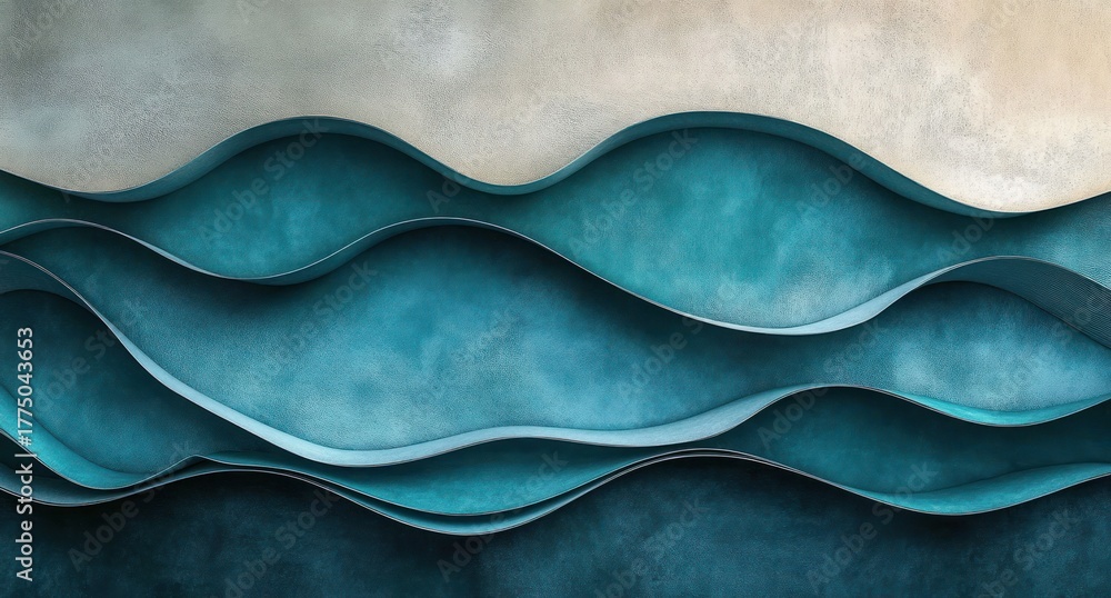 Abstract architectural wall with layered undulating blue and beige ...