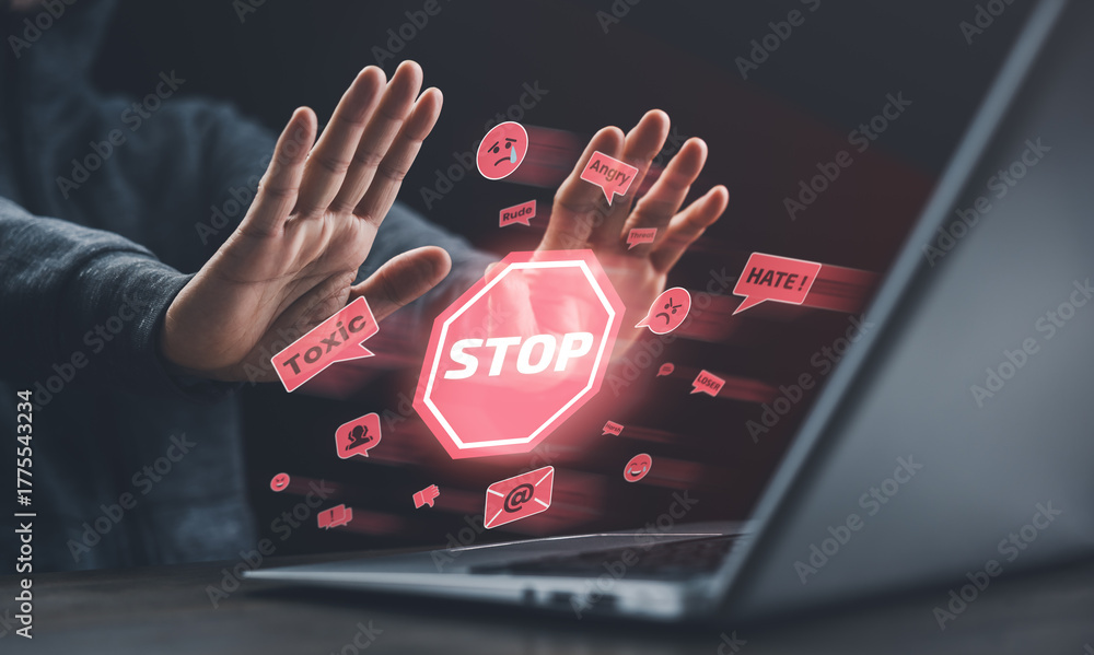 A man raises hands to stop toxic and hateful online messages ...