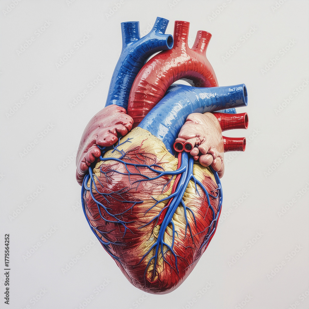 Anatomical model of a human heart with arteries and veins, showing ...