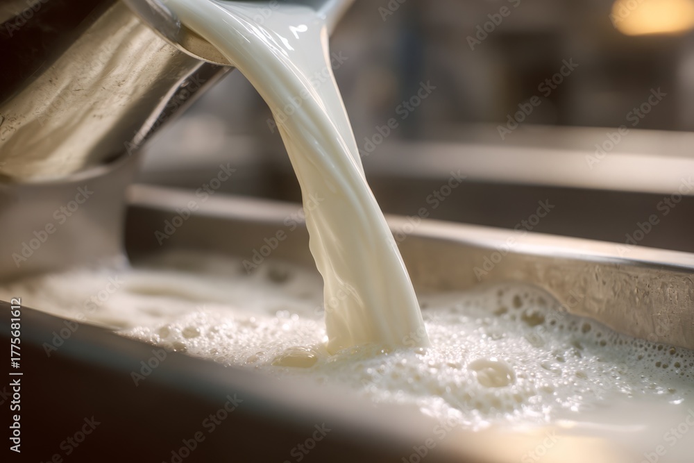 A close-up view of milk being poured from a stainless steel container ...