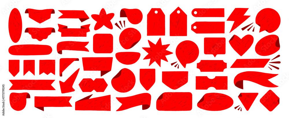 Red promo starburst sticker, tag and price labels set with crayon ...