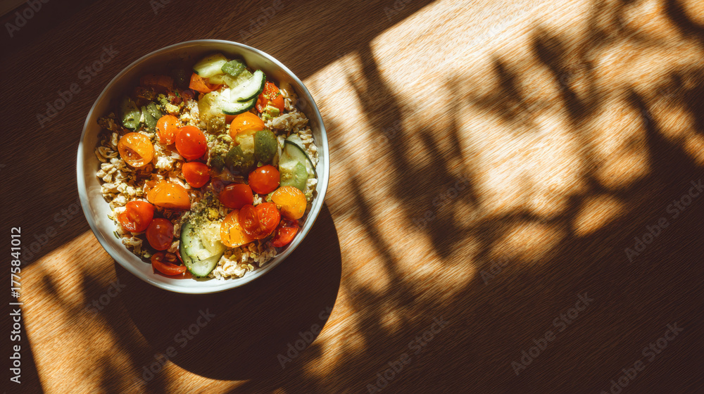 Plant based grain bowl with fresh cherry tomato and cucumber slices in ...