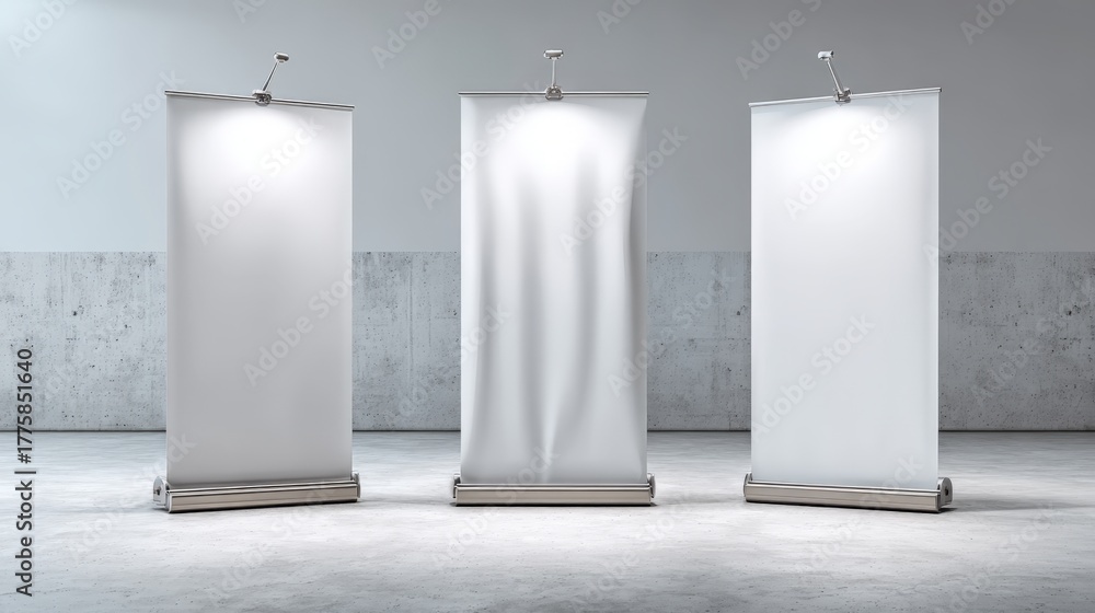 Three blank roll-up banners stand in a modern convention center ...