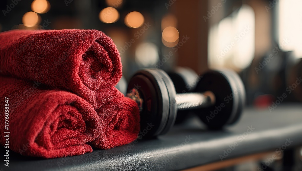 Rolled red towels and dumbbell rest on a bench, gym equipment in the ...