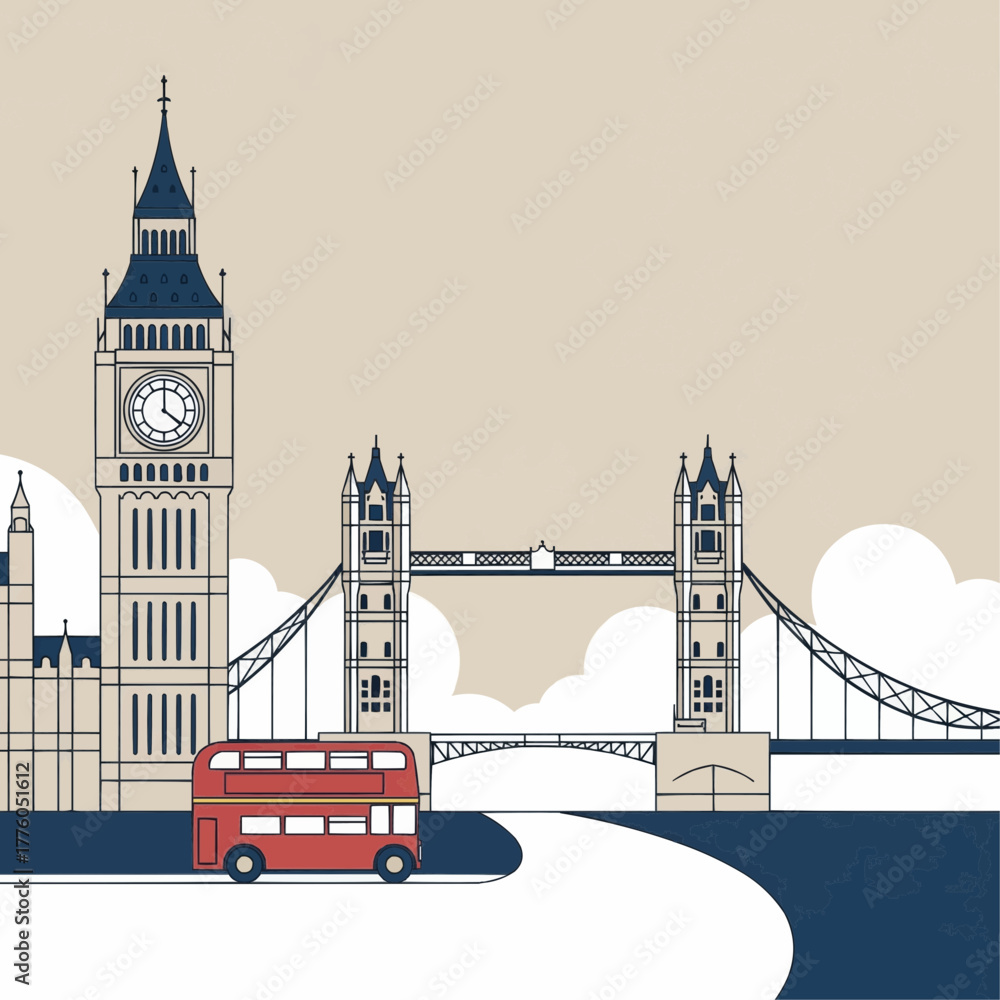iconic London elements such as big ben, tower bridge, and double-decker ...
