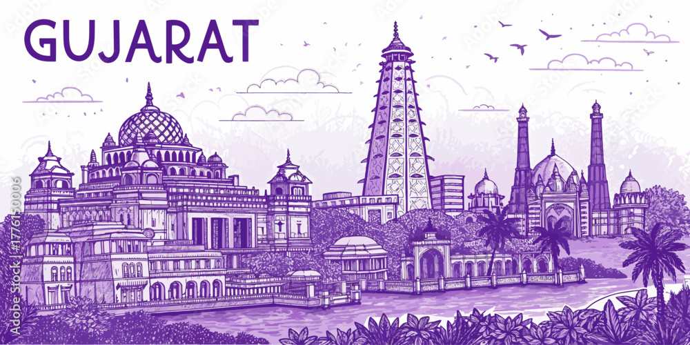 Gujarat Skyline Drawing with Cultural Touch, Showcasing Sabarmati ...