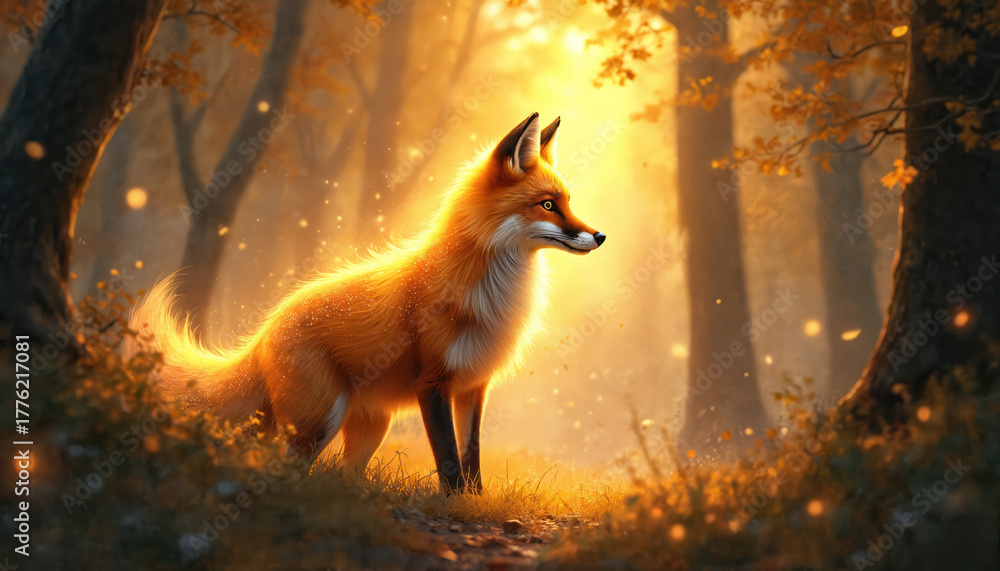 Glowing fox stands in forest. Spirit animal shines with amber light ...