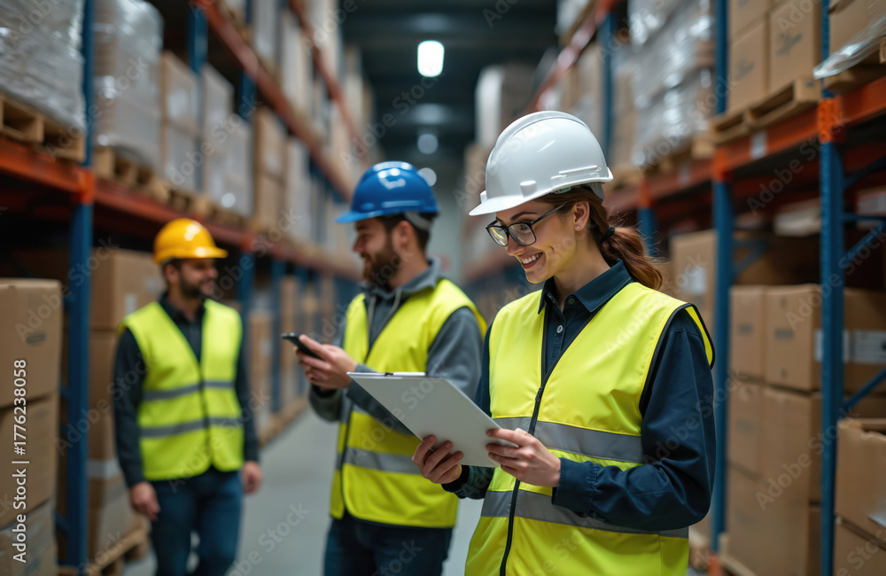 Workers in hi vis vests and hard hats walk between shelves of boxes in ...